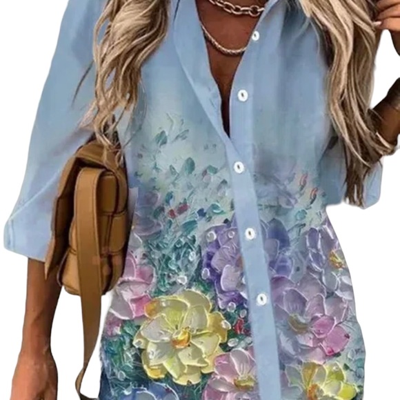 noracora | Tops | Noracora Blue Floral Buttoned Blouse | Poshmark